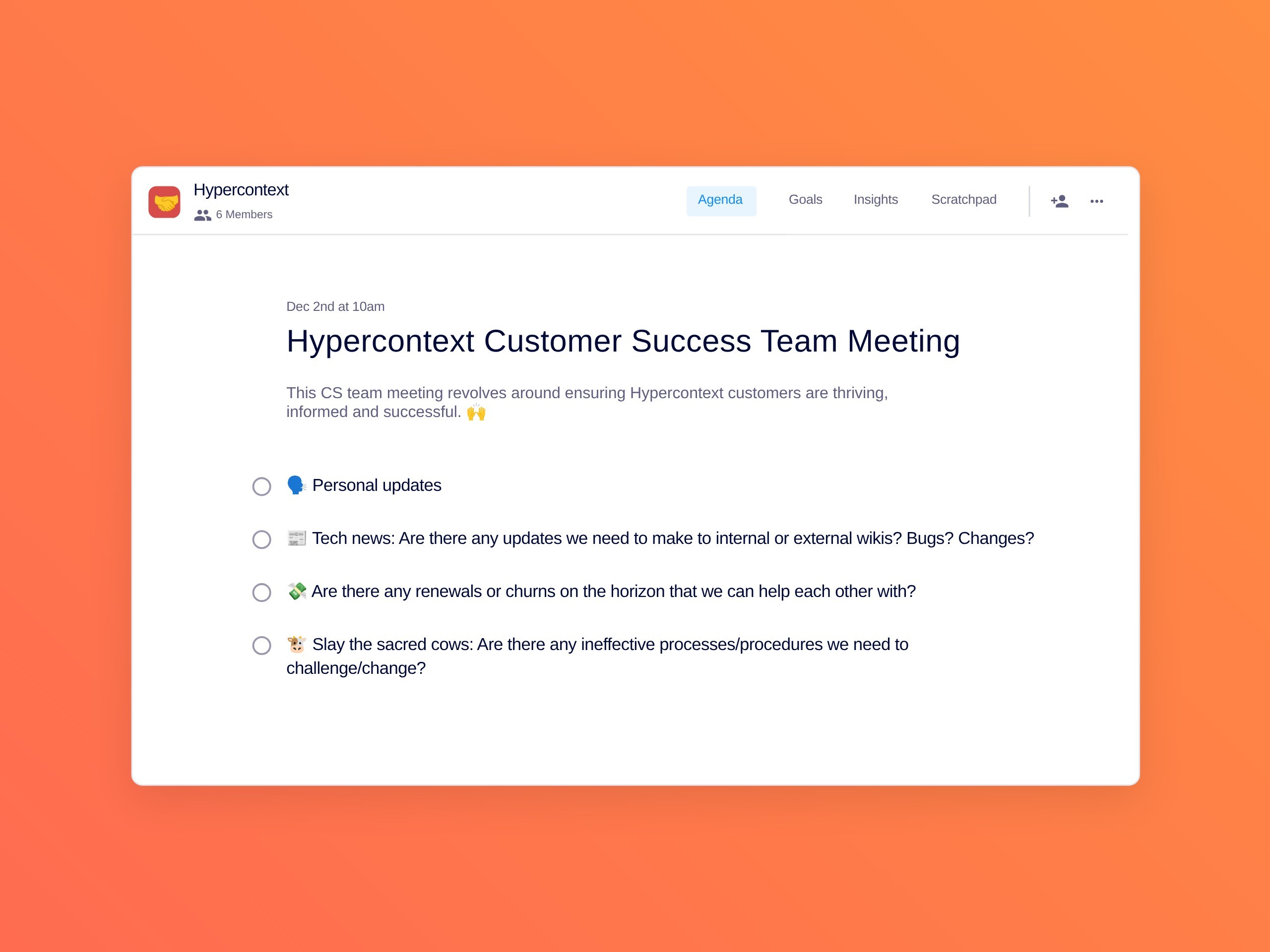 Hypercontext customer success team meeting template (4 topics and ideas) | Spinach
