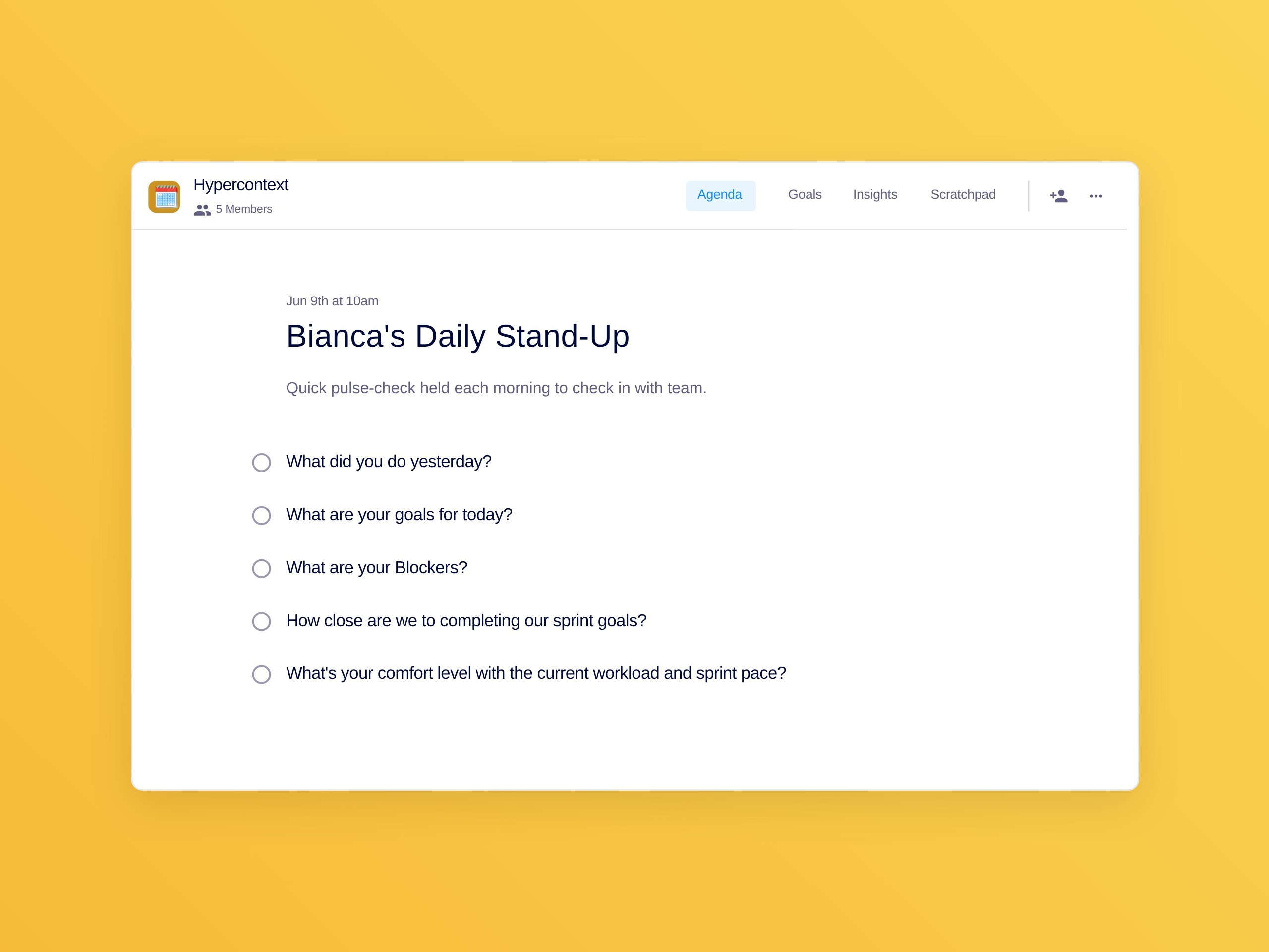 Bianca's daily stand-up template (5 topics and ideas) | Spinach