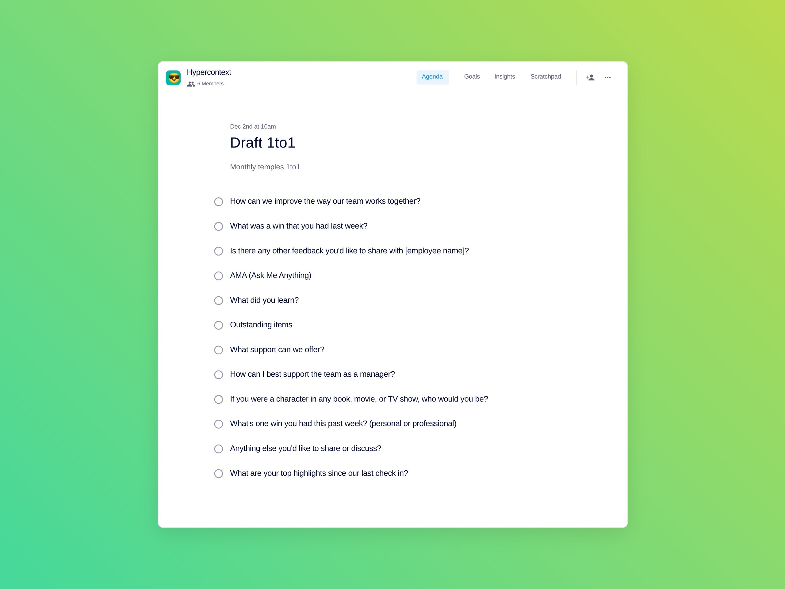 Draft 1to1 template (12 topics and ideas) | Spinach