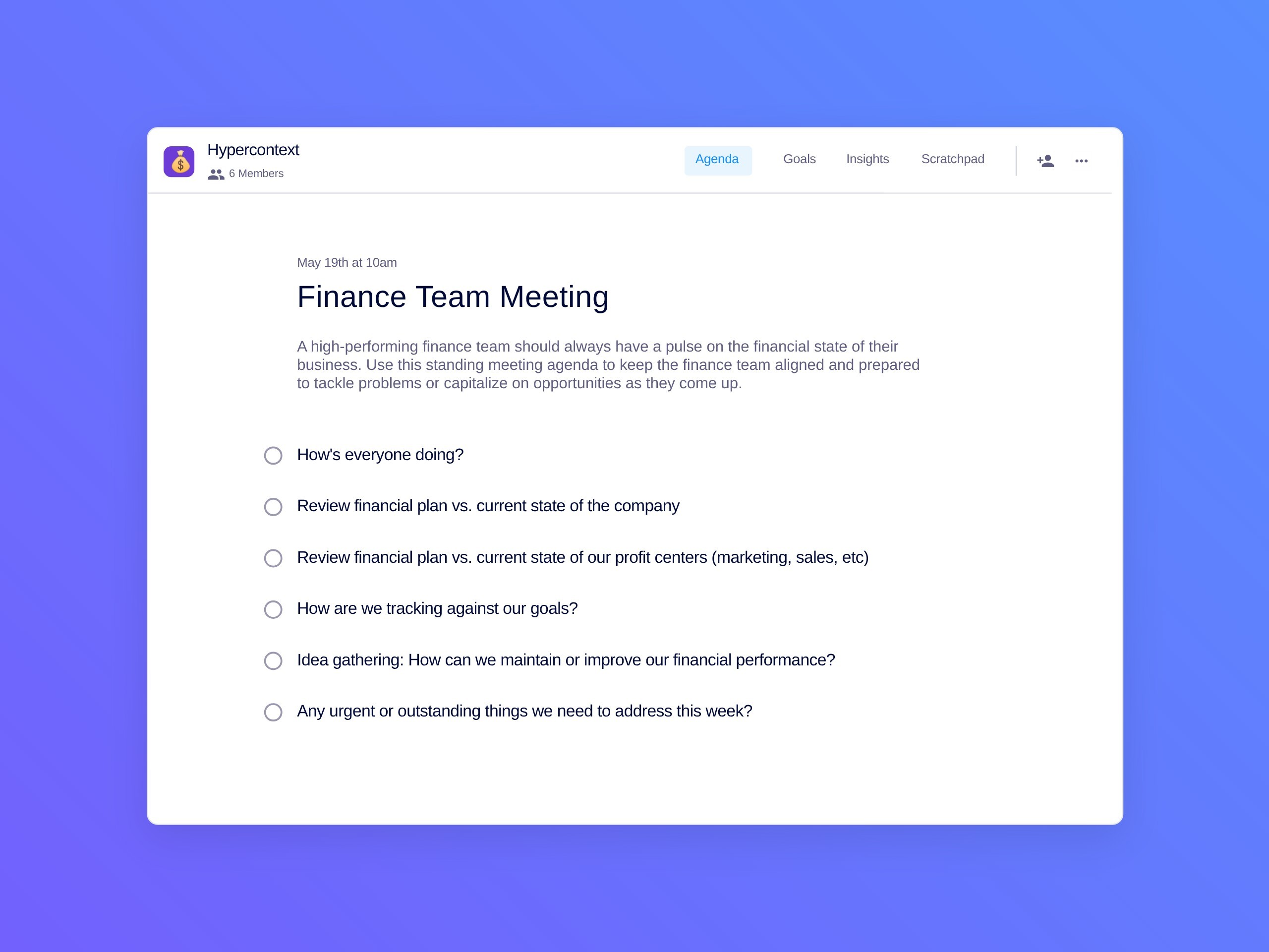 Finance team meeting template (6 topics and ideas) | Spinach