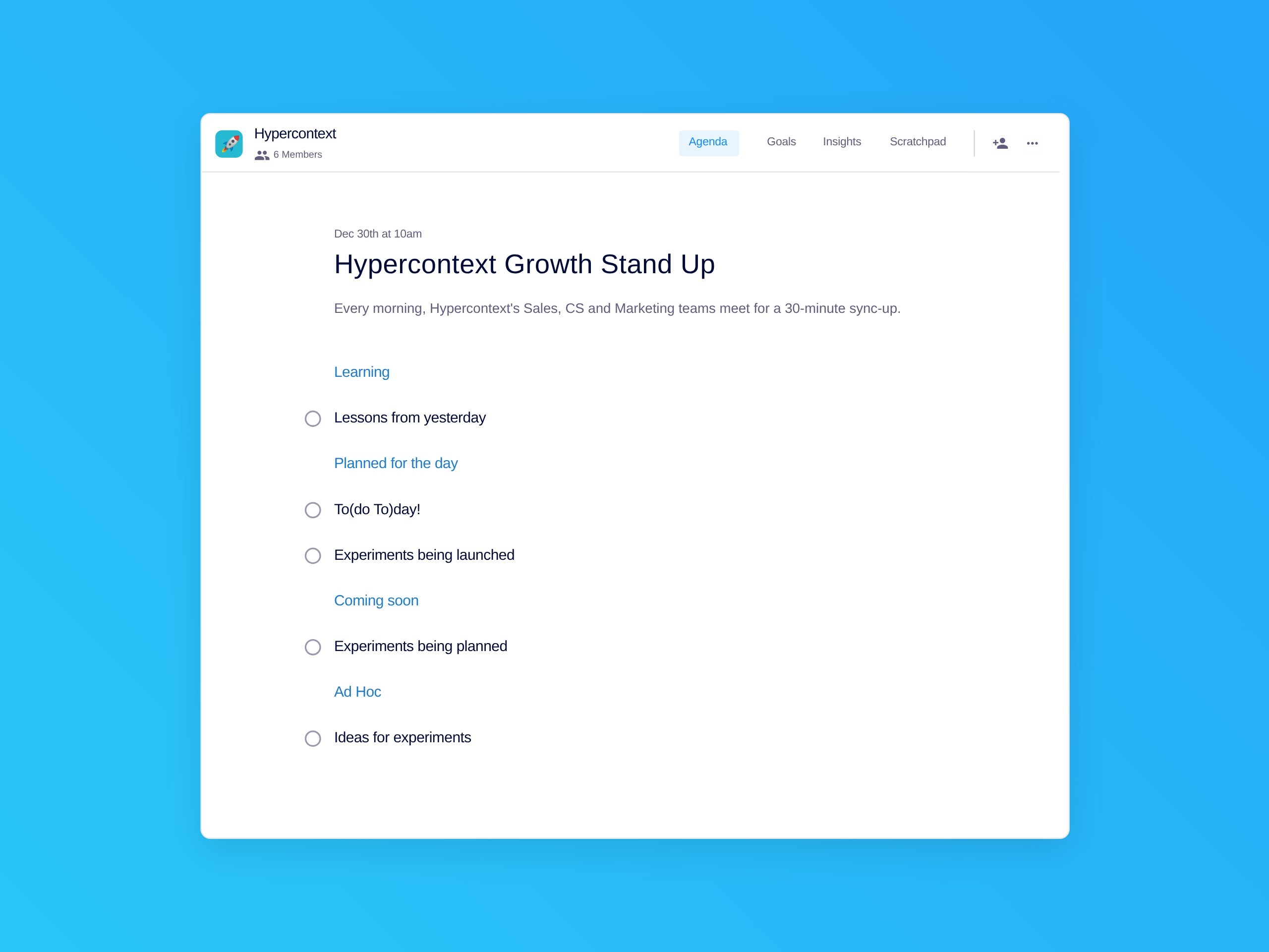 Hypercontext growth stand up template (5 topics and ideas) | Spinach