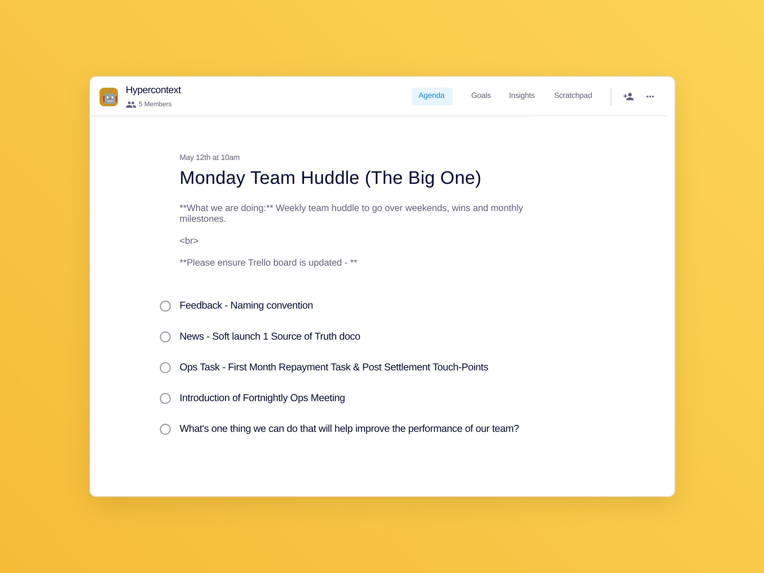 Monday team huddle (the big one) template (5 topics and ideas) | Spinach