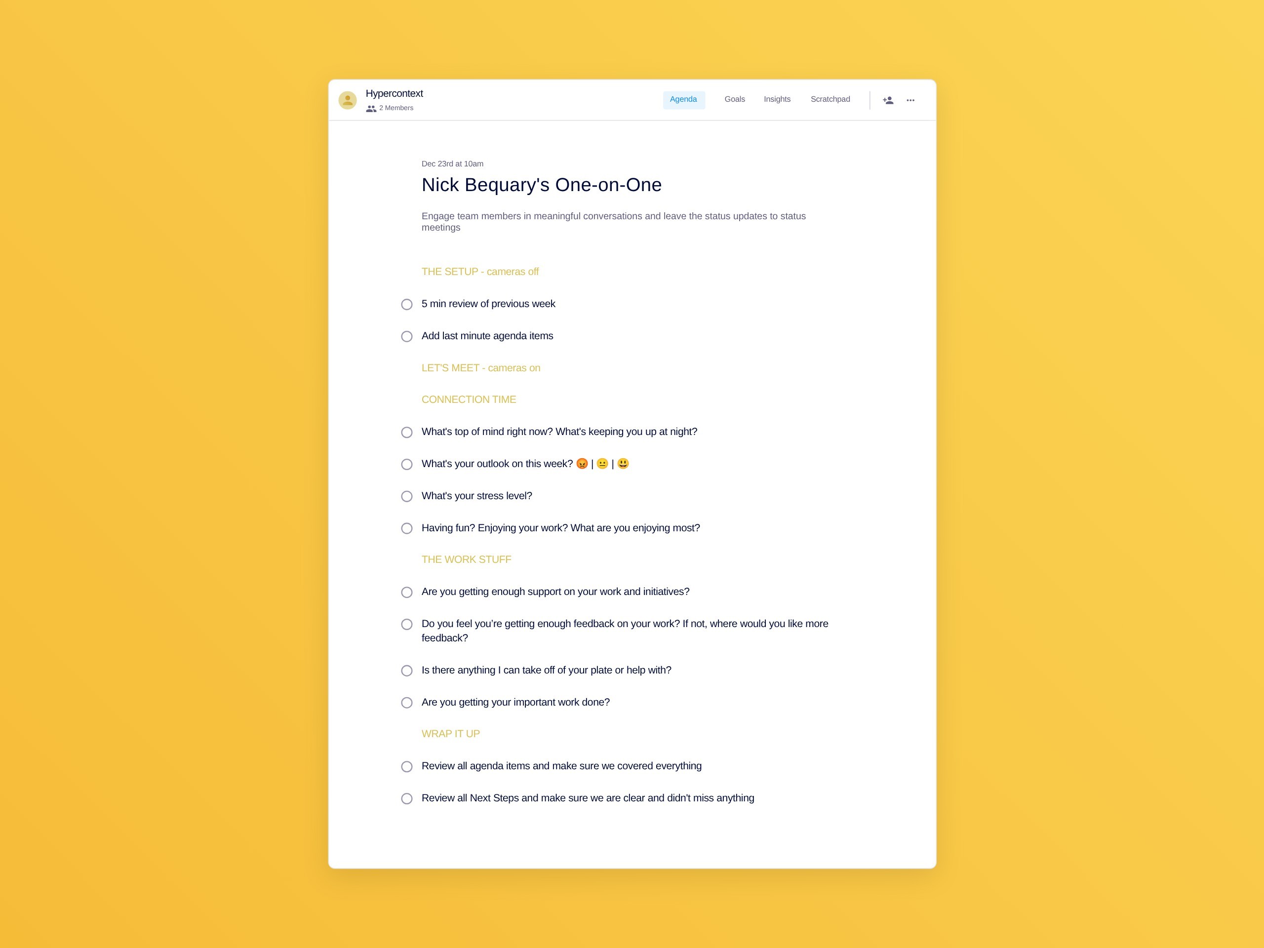Nick bequary's one-on-one template (12 topics and ideas) | Spinach