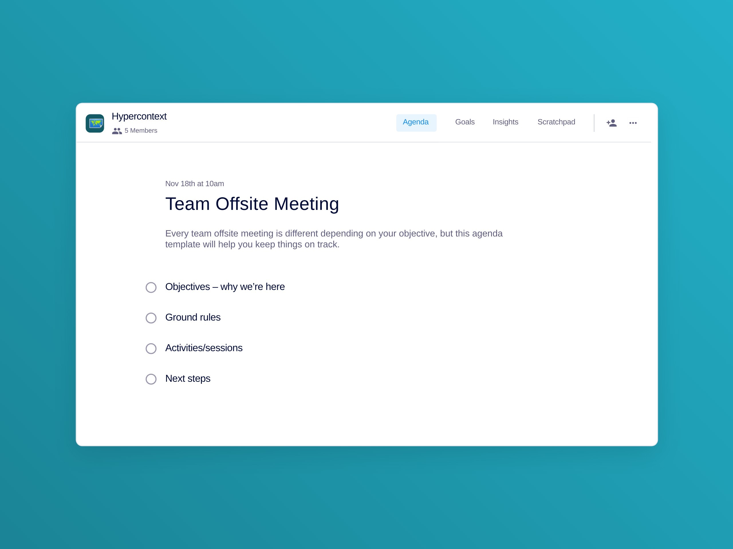 Team offsite meeting template (4 topics and ideas) | Spinach