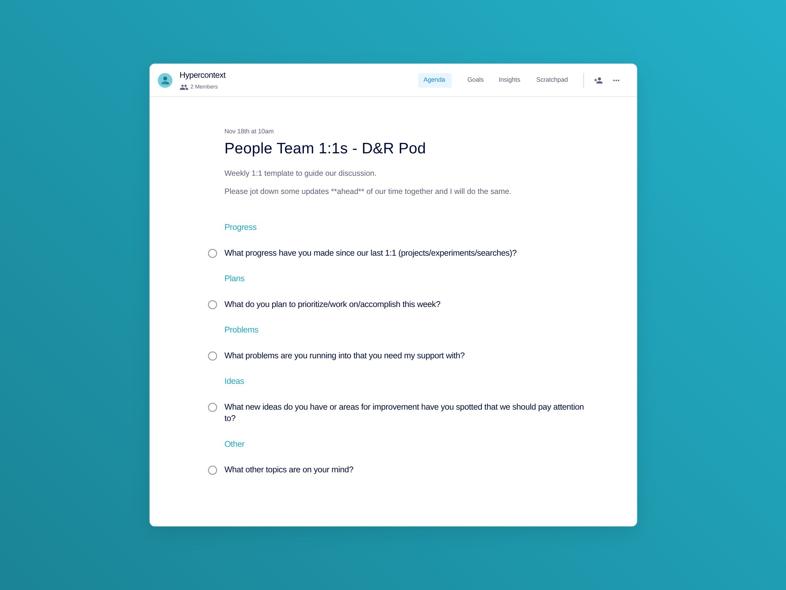 People team 1:1s - d&r pod template (5 topics and ideas) | Spinach