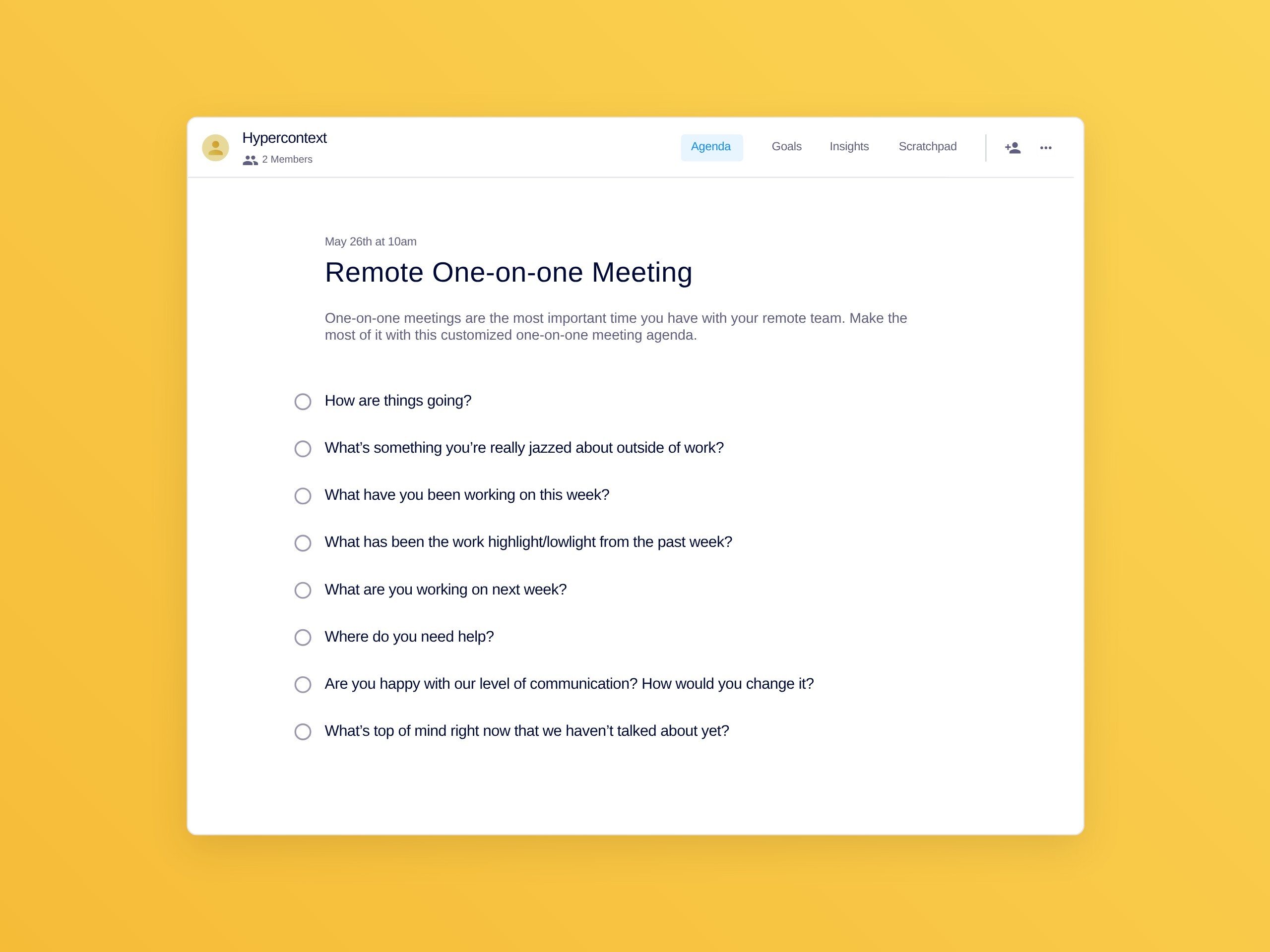 Remote one-on-one meeting template (8 topics and ideas) | Spinach