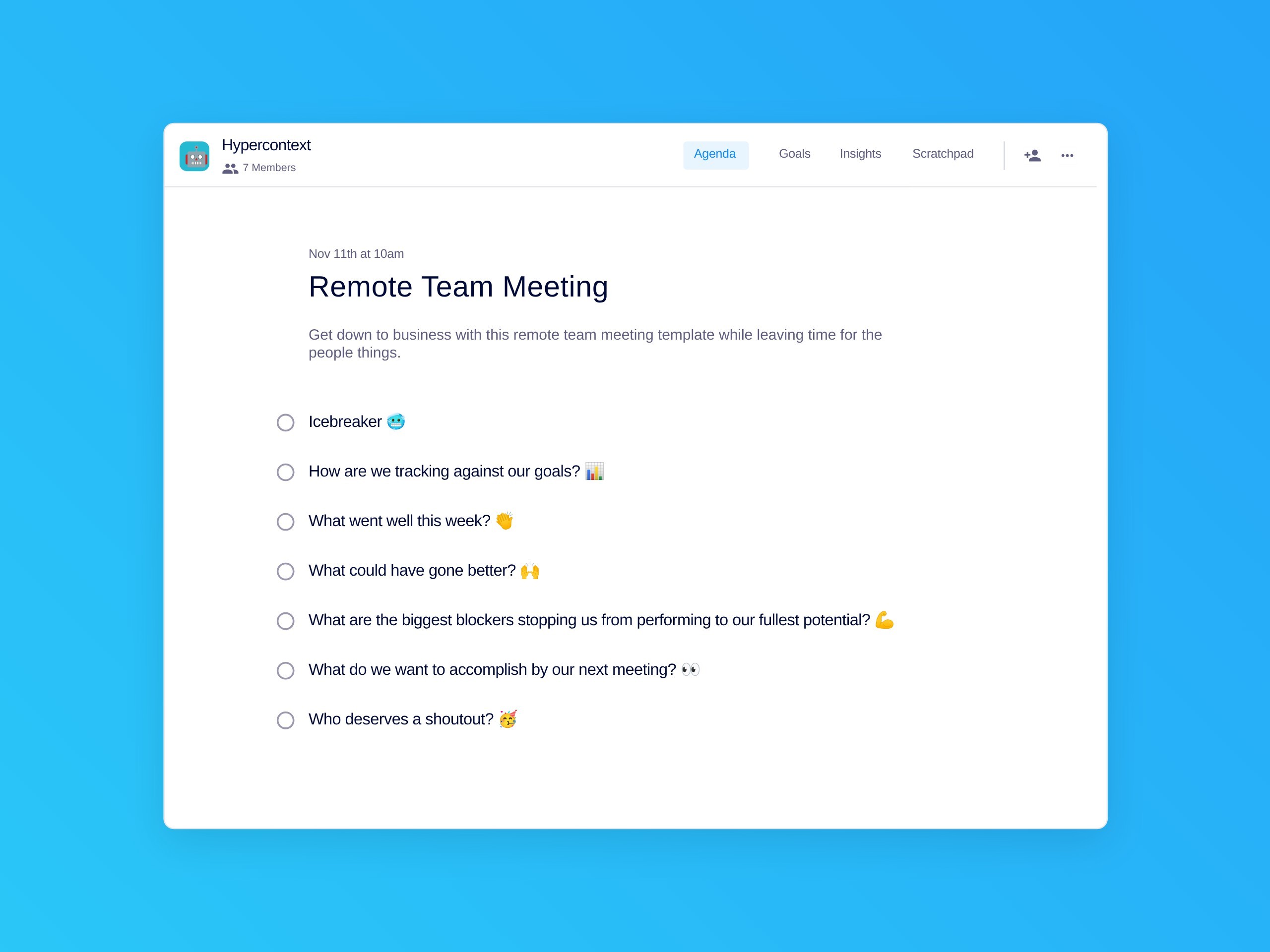 Remote team meeting template (7 topics and ideas) | Spinach